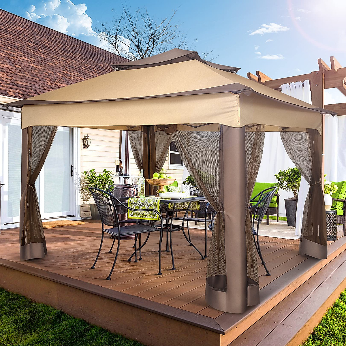 COBIZI Pop Up Gazebo Patio Gazebo 11x11 Outdoor Gazebo with Mosquito Netting Outdoor Canopy Shelter with Double Roof Ventiation 121 Square Feet of Shade for Lawn, Garden, Backyard and Deck, Brown