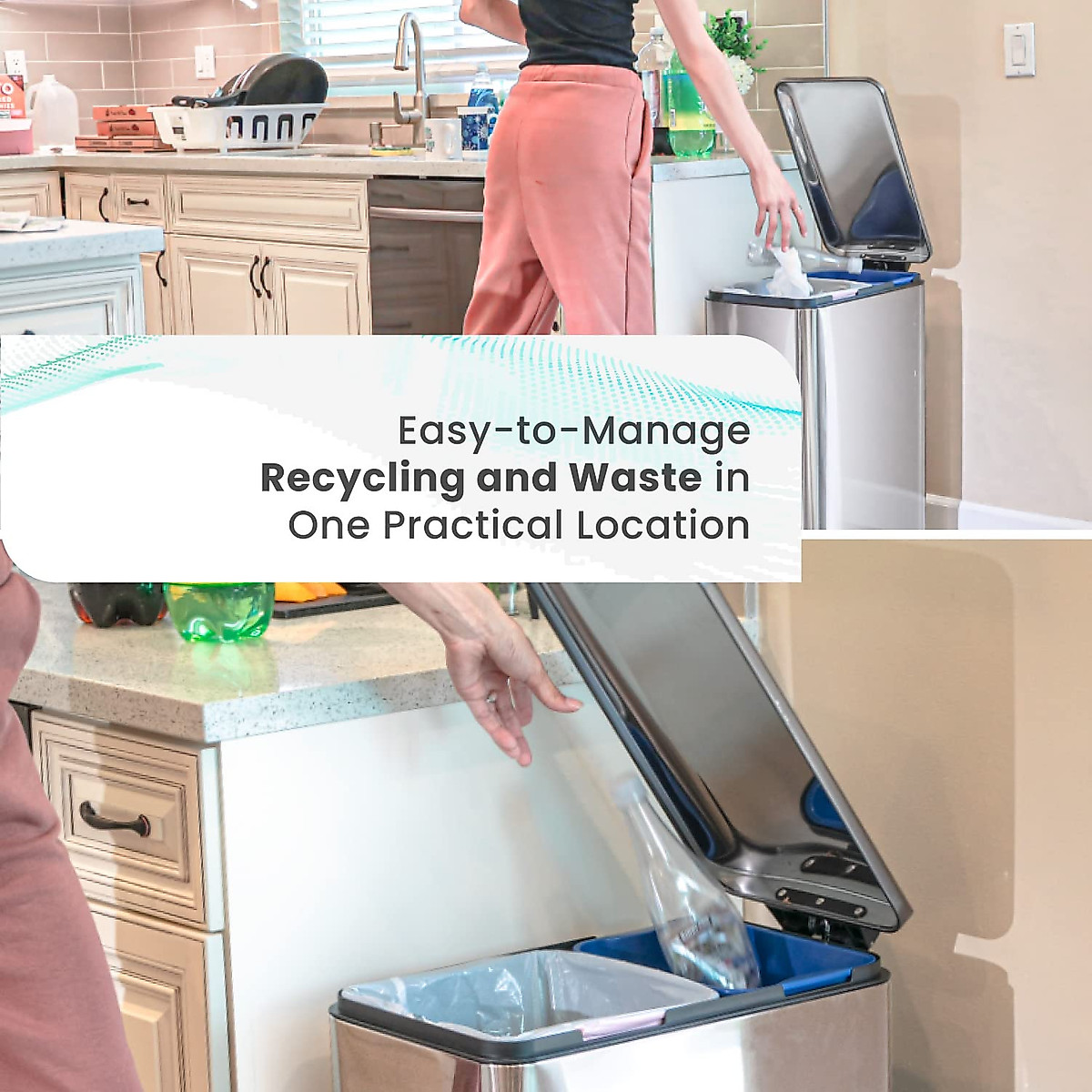 Home Zone Living 13 Gallon Kitchen Trash Can, Dual Removable Liners for Recycling and Trash, Slim Stainless Steel Shape (8 + 5 for 13 Gallon Total)