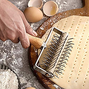 EVEDMOT Pizza Dough Docker Roller Stainless Steel, Pizza Pin Puncher Dough Hole Maker with Wood Handle, Docking Tool for Pizza Cookie Pie Pastry Bread
