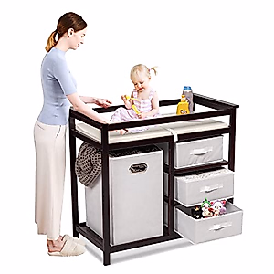 Baby Changing Table - Changing Station with Laundry Hamper, 3 Storage Baskets, and Pad, Multi Storage Nursery Changing Table for Infants or Babies (Dark Brown)