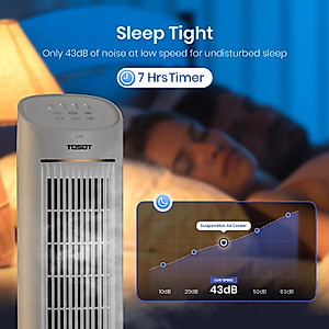 TOSOT Tower Fan Oscillating 80°, Cooling Fan with 2 Ice Packs, CFM 360m³/h, 3 Speed Quiet Fan with Remote Control, 7 Hours Timer, Humidifiers with Removable 4L Water Tank, Floor Fan for Home Bedroom