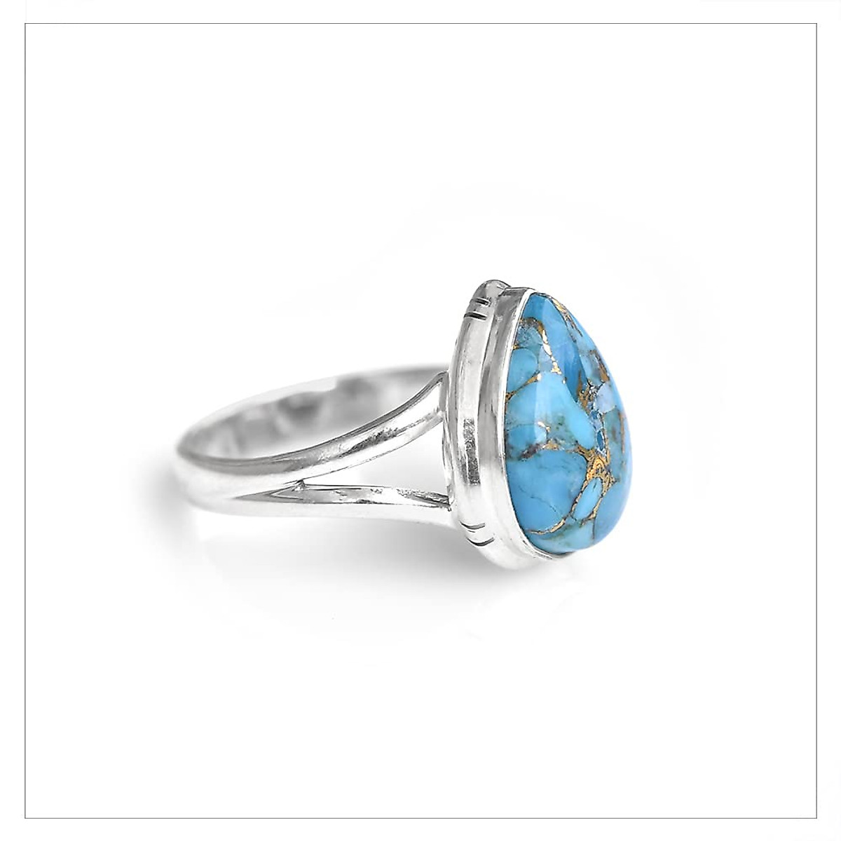 YoTreasure 10x14 MM Blue Copper Turquoise Solid 925 Sterling Silver Teardrop Ring