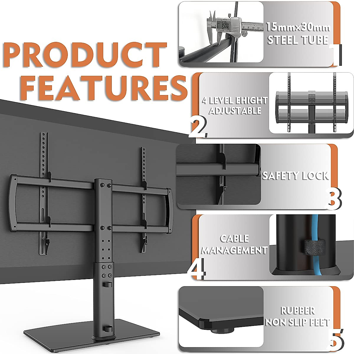 Universal Tabletop TV Stand with Wall Mount for 32 to 70 inch 4 Level Height Adjustable, Heavy Duty Tempered Glass Base, Holds up to 110lbs Screens, HT03B-002