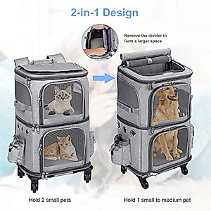 HOVONO Double-Compartment Pet Carrier Backpack with Wheels for Small Cats and Dogs, Cat Rolling Carrier for 2 Cats, Perfect for Traveling/Taking a Walk/Trips to The Vet, Grey