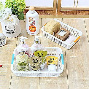 Lawei 8 Pack Plastic Sorage Basket with Handle - 12 x 7.6 x 2.6 inch Pantry Organizer Basket Bins Shelf Baskets for Organization, Countertops, Cabinets, Bedrooms, Bathrooms