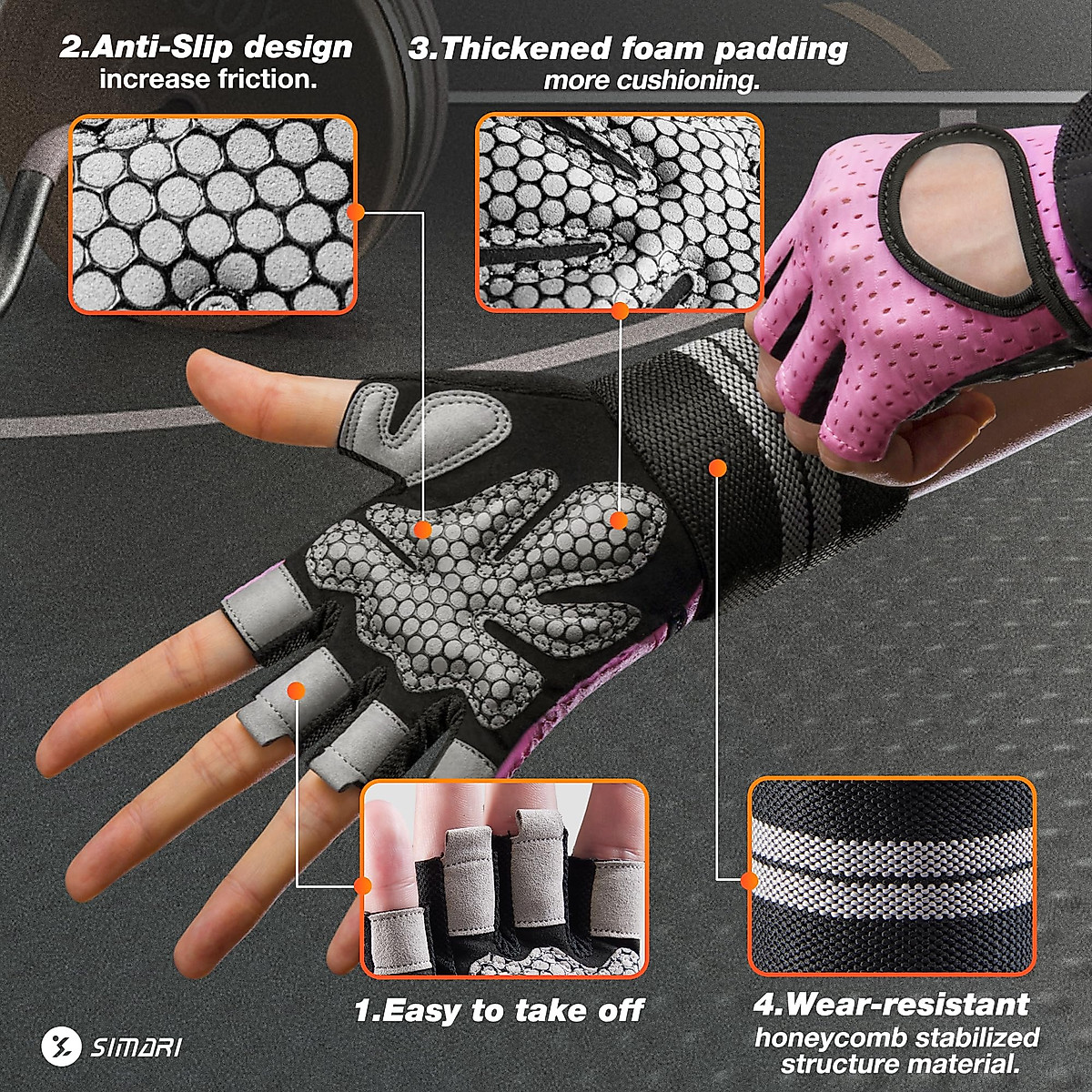 SIMARI Breathable Workout Gloves for Women Men, Padded Weight Lifting Gloves with Wrist Wraps Support, Full Palm Protection, Grip for Gym Training, Fitness, Weightlifting, Exercise Fingerless Pink