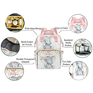 Pink Flower Elephant Personalized Diaper Backpack with Name,Custom Travel DayPack for Nappy Mommy Nursing Baby Bag One Size