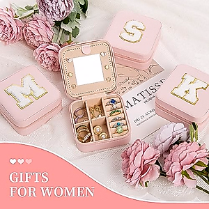 Ulico Travel Jewelry Case Jewelry Box- Small Jewelry Organizer with Mirror, Jewelry Holder Organizer Box, Travel Essentials Travel Gifts Birthday Gifts for Women Girls Friends Sister Initial Pink M