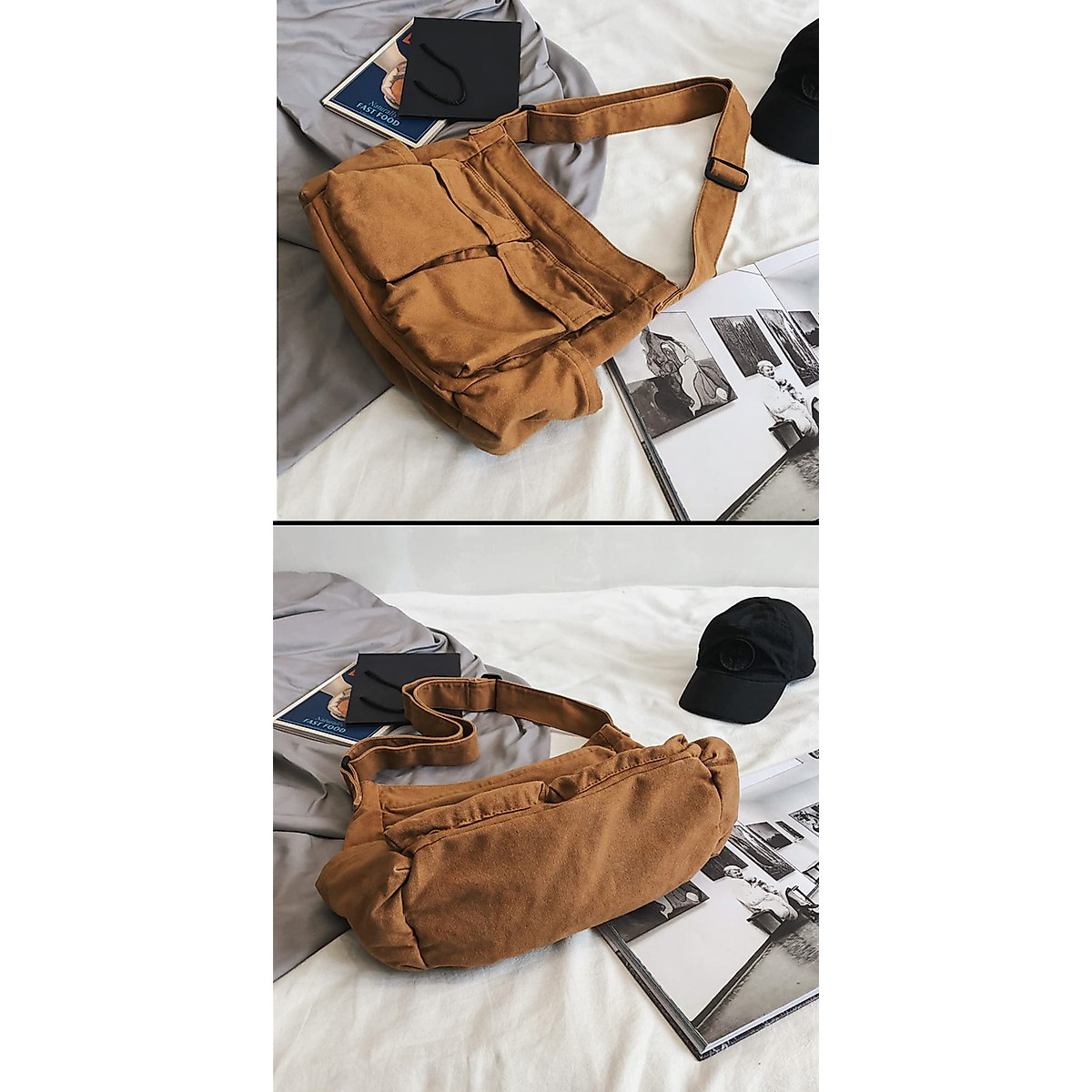 HUALEYNA Canvas Crossbody Bag for Women Large Messenger Bags Travel Shoulder Bag Multi-pocket (Black)