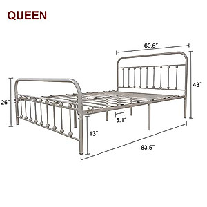 NEEBIRGELIA White Metal Bed Frame Queen Size with Headboard and Footboard Single Platform Mattress Base,Metal Tube and Iron-Art Bed（Queen,Grayish White）