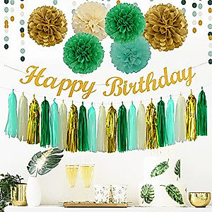 Sage-Green Beige-Gold Birthday Decorations - 31pcs Party Kits Happy Birthday Banner Flags,Tissue Paper Pom Poms,Tassel Streamers Garland Decor for 13th 18th 21th Princess Girl Woman Panduola
