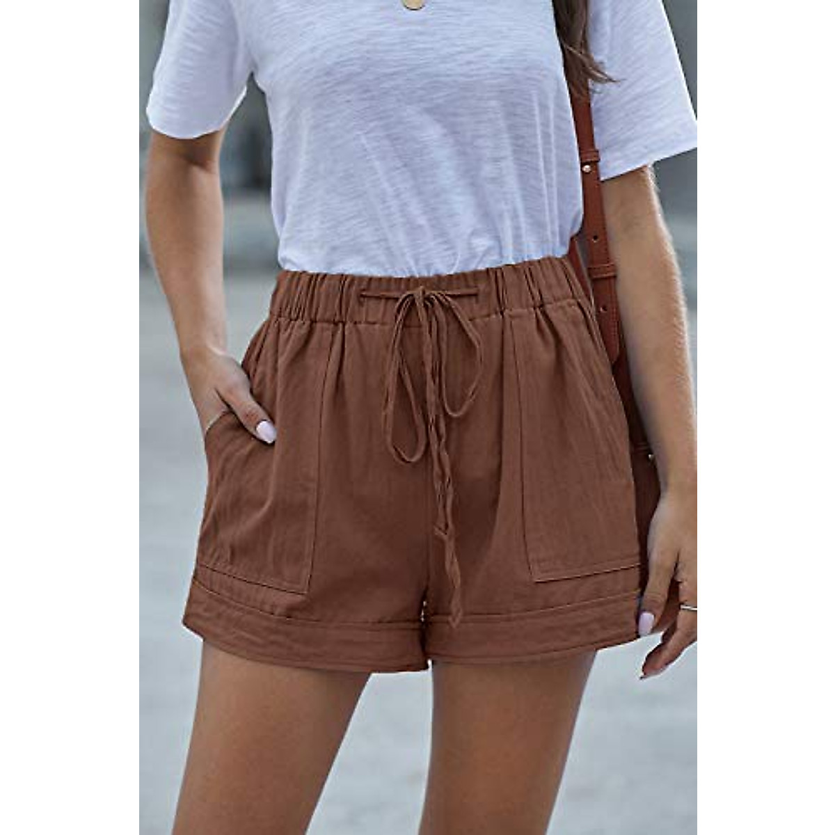 Acelitt Women's Ladies Plus Size 2024 Summer Fashion Casual Shorts Comfy Trendy Drawstring Summer Elastic Waist Beach Linen Shorts Brown XXL