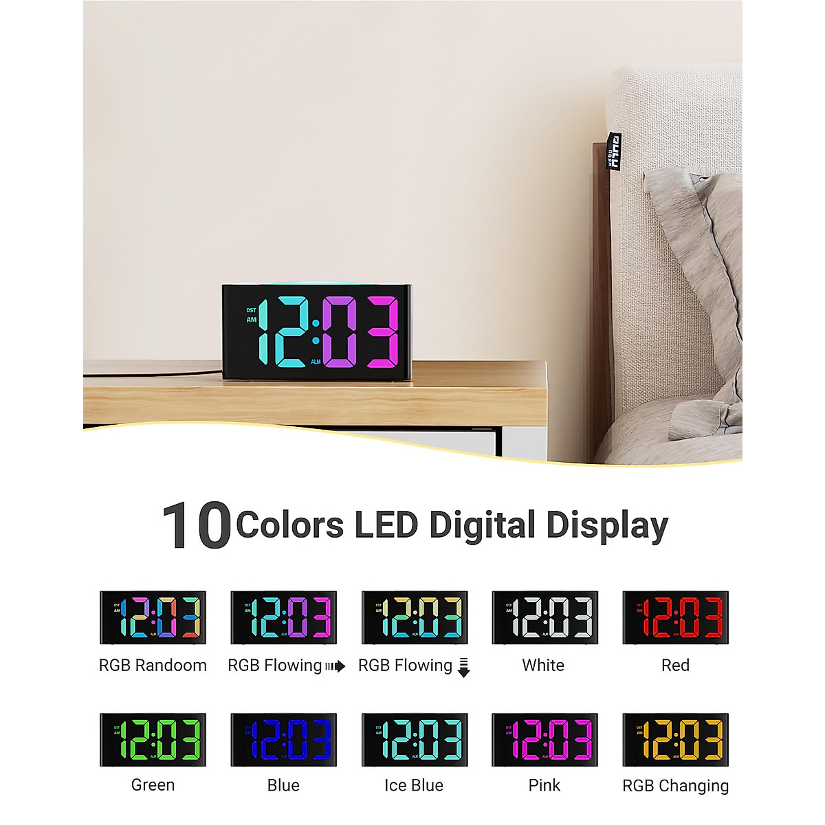 ROCAM Alarm Clocks for Bedrooms Kids Seniors Digital Loud Alarm Clock with Large Display Bold Numbers, Simple Led Alarm Clock with Night Light, USB Ports, 0-100% Dimmer