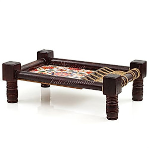 Traditional Decorative Asian Cot Tray for Snacks & Drinks | North Indian Decorative Wooden Coat Decor Accent (Floral Red)