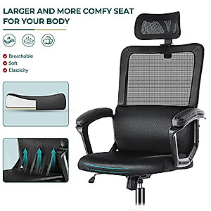 SMUG Ergonomic Mesh High Back Computer Adjustable Headrest,Lumbar Support, Tilt Function,Swivel Rolling, Soft PU Armrest Task Home Office Desk Chairs, Black