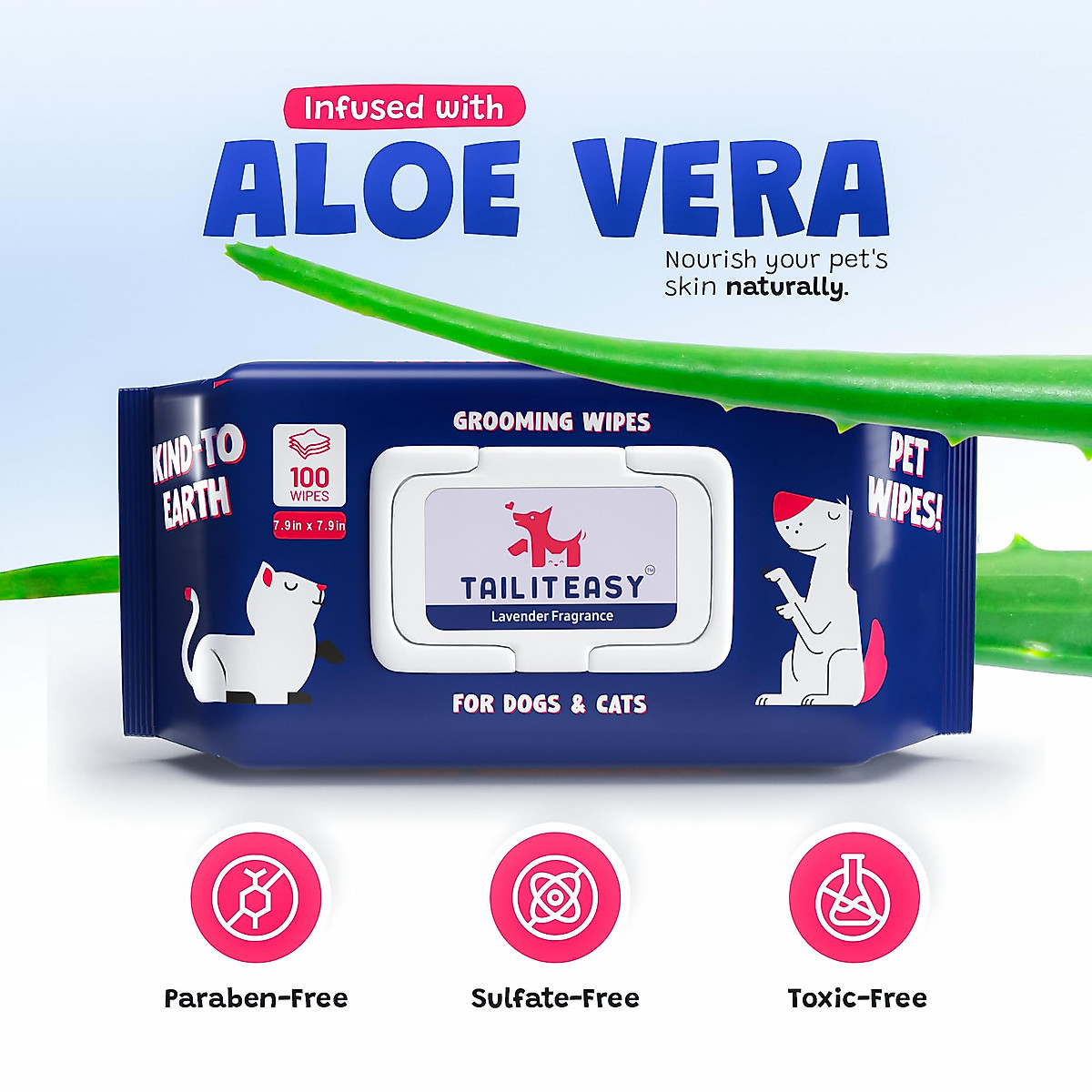 TAIL IT EASY Pet Wipes for Dogs - Dog Paw Wipes - Dog Cleaning Wipes - Biodegradable Cat Bath Wipes - Puppy Grooming Wipes - Toxic-Free Kitten Wipes (Lavender Fragrance) (Pack of 3)