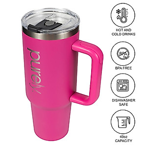 PURELY 40 oz Ceramic Lined Insulated Tumbler with Handle, Leak Resistant 2-way Lid and Straw, Ceramic Lined Travel Mug (Pink, 40oz)