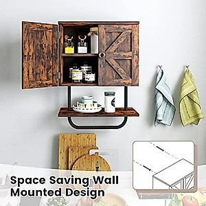 LOKO Bathroom Wall Cabinet, Space Saver Medicine Cabinet with 2 Doors, Storage Shelves & Towel Bar, Wall Mounted Towel Cabinet for Bathroom, Kitchen, Entryway (Rustic Brown)