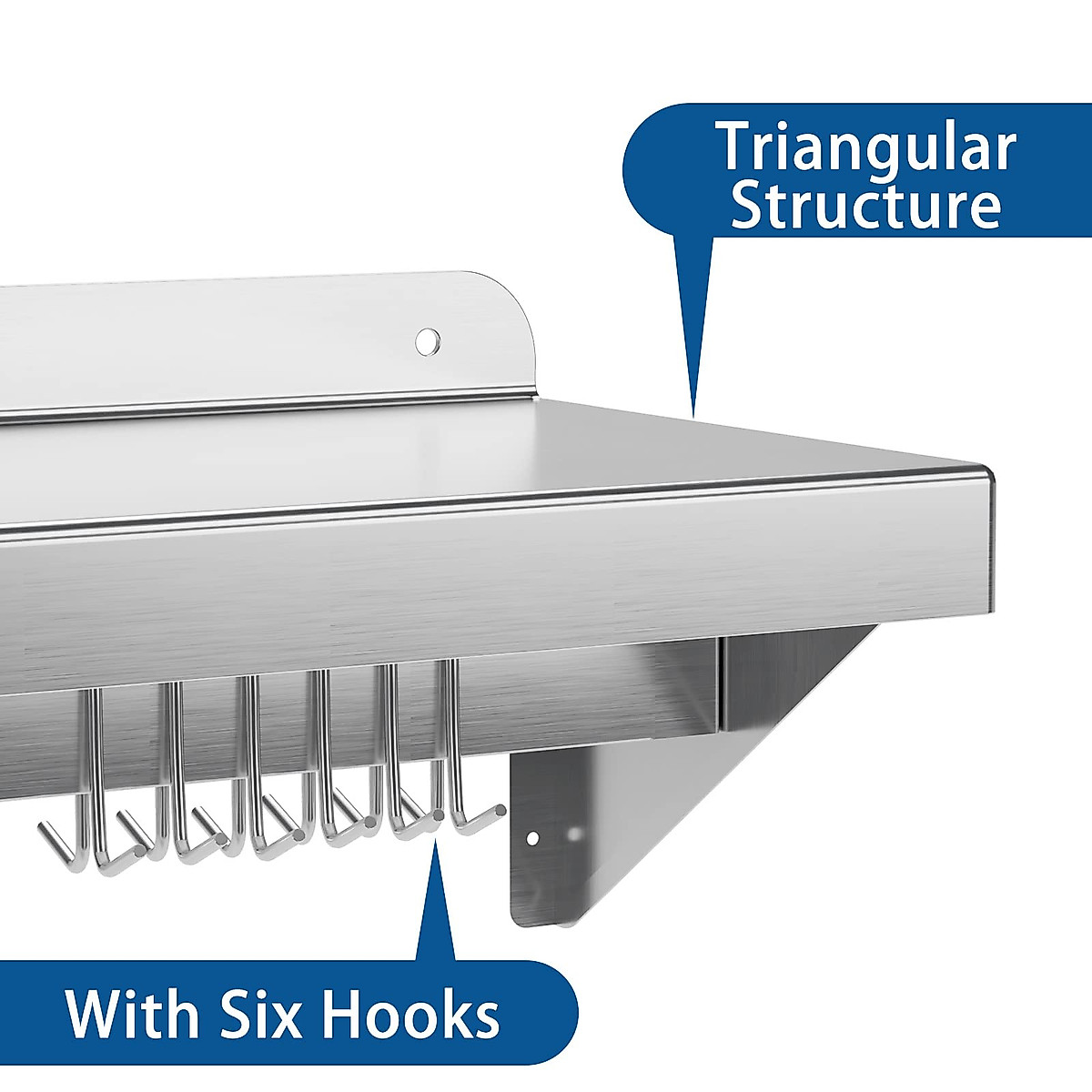 RIEDHOFF Metal Multifunctional Storage Rack with Backplash for Kitchen, [NSF Certified] 12" x 36" Stainless Steel Wall Mount Shelf with 6 Hooks for Hanging Pots, Pans,cookware in Home and Restaurant