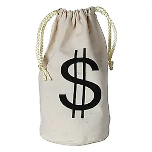 Beistle Fabric Drawstring Money Bag Pouch with Dollar Sign for Casino Night Theme Party Favors, 8.5" x 6.5", Natural/Black