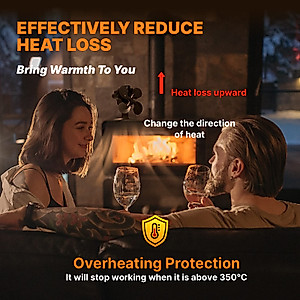 LerkeHony 4 Silent Heat Powered Stove Fan, Log Burner Fan with a Thermometer, Eco Friendly Heat Circulation for Wood/Log Burner/Fireplace/Free Stove Thermometer Satin/Black