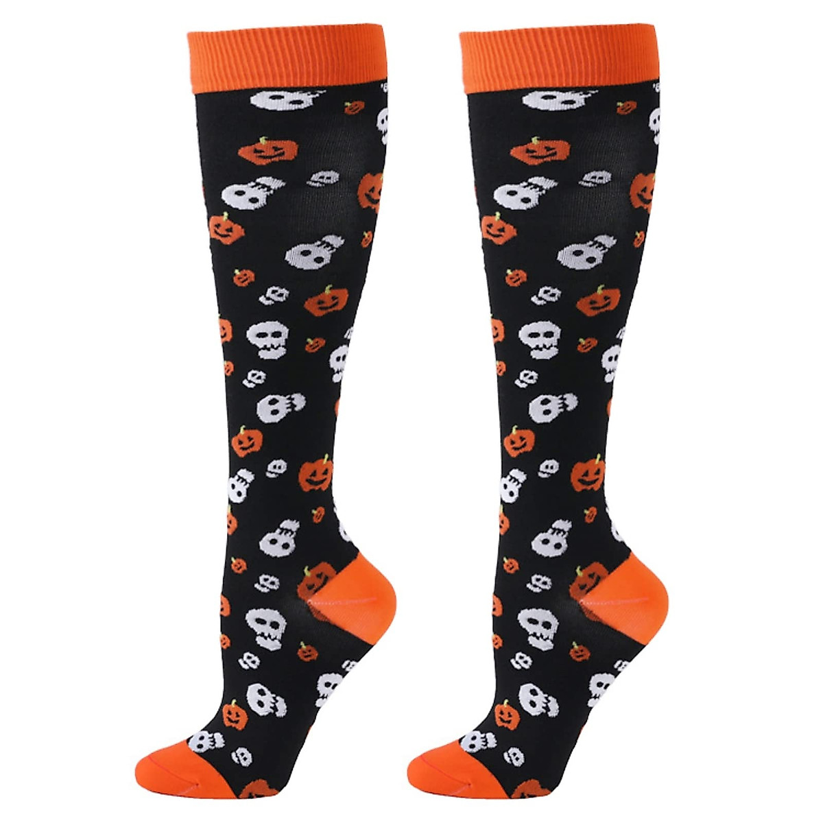 Halloween Compression Stockings for Women Men, 4 Pair Long Halloween Socks 20-30 mmHg for Running, Cycling, Pregnant