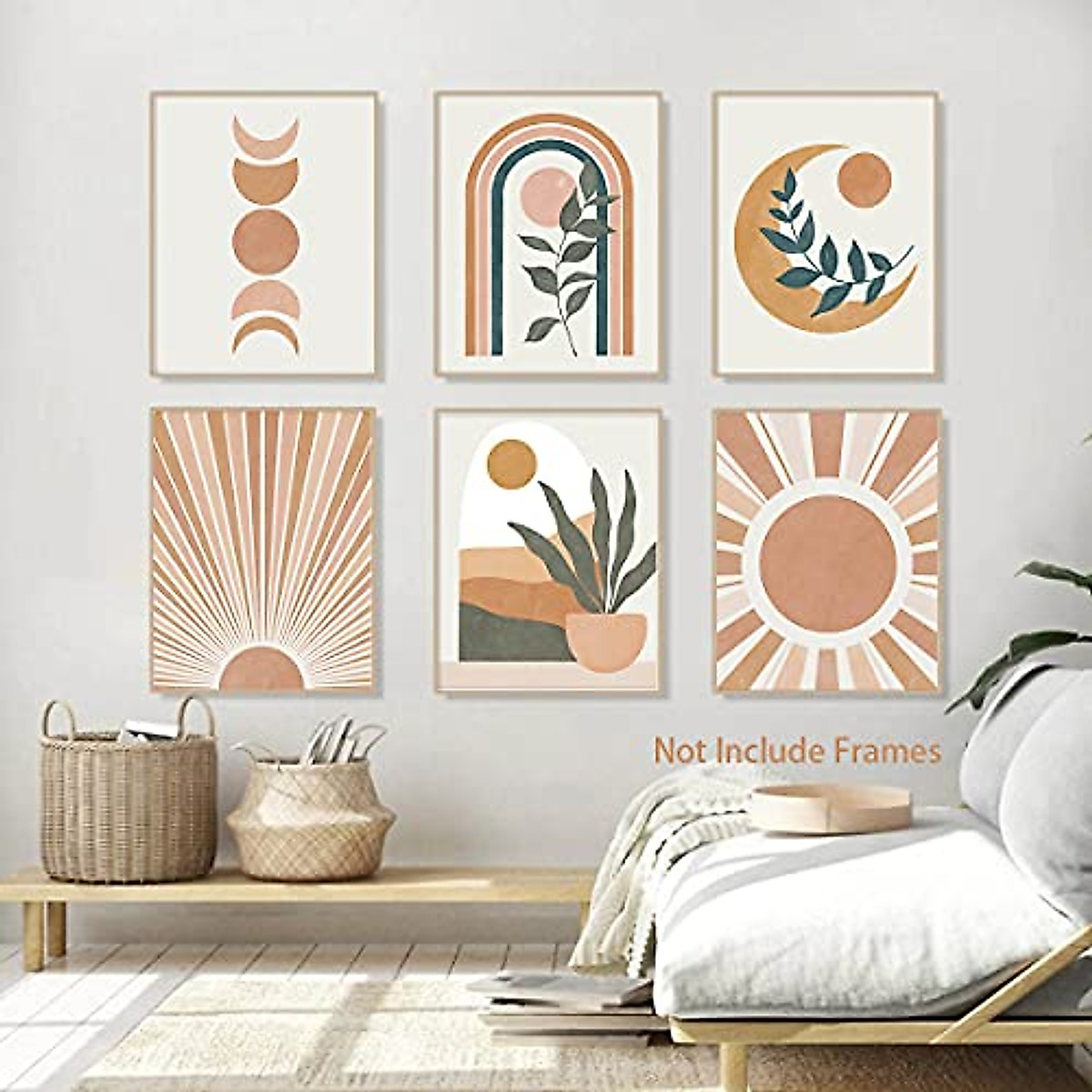 XUOIAYNB Abstract Boho Wall Art Prints, Minimalist Geometric Sun Canvas Wall Art (8"x10"x6pcs, Unframed)-Mid Century Modern Art Print for Bedroom Decoration