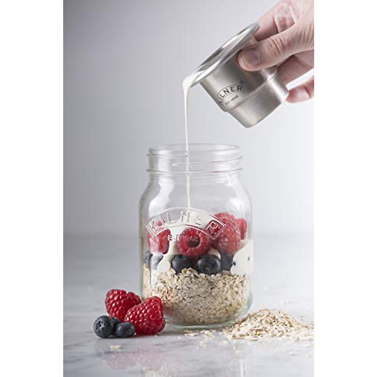 Kilner Snack On The Go Glass Jar Set Stainless Steel Cup Keeps Dry Ingredients Separate from Wet Foods, 17-Fluid Ounces, 0.5L
