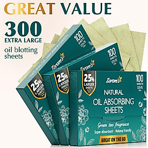 Natural Green Tea Oil Blotting Sheets for Face - 25% Larger Sheets (4.7x3”) - 300 Makeup Friendly Blotting Papers for Face - Easy Dispensing Oil Absorbing Sheets for Face