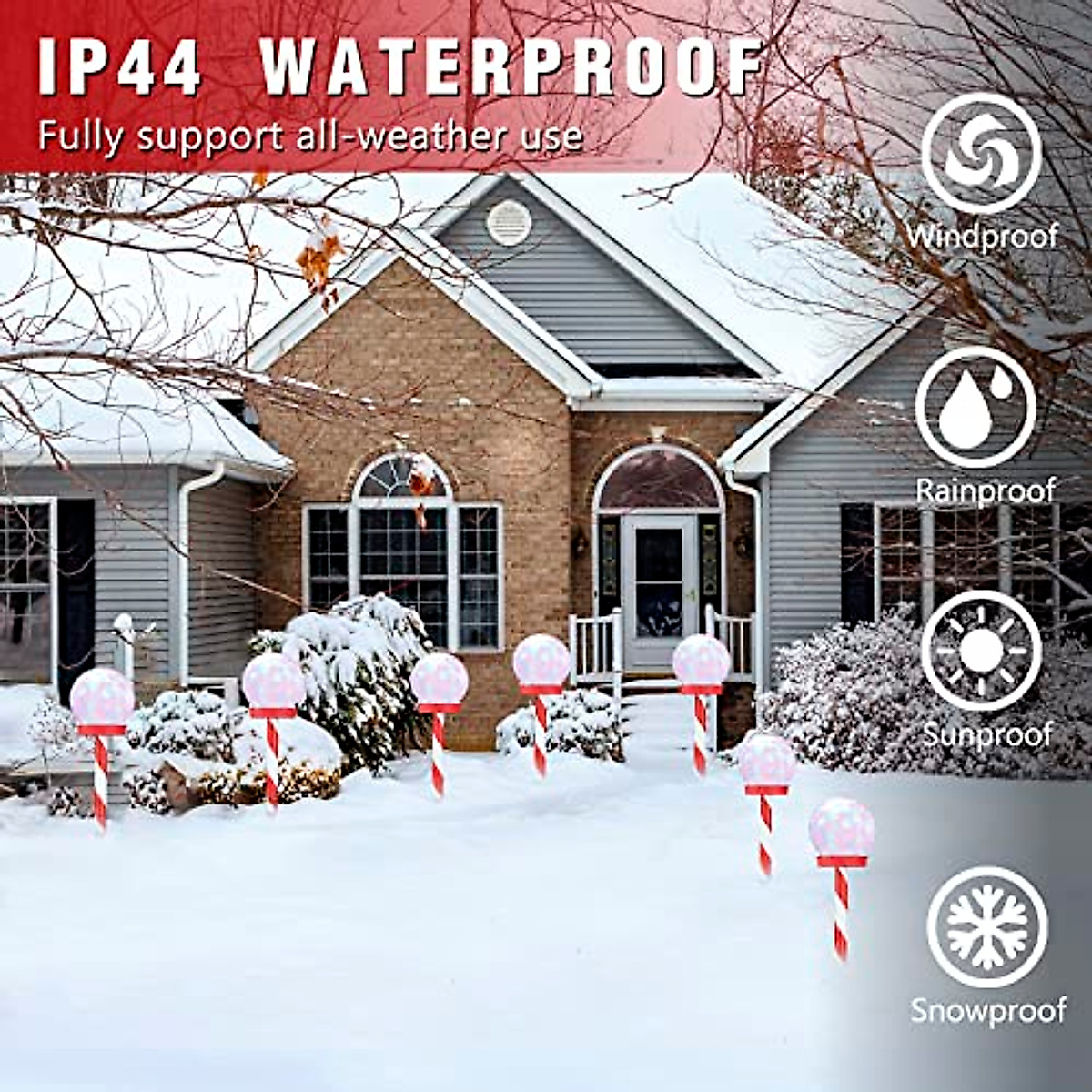 EAMBRITE 4PK RGB Ball Candy Cane Pathway Markers Light with Rotating Projector Waterproof Outdoor Stake Lights Decorative for Pond Garden Patio Landscape