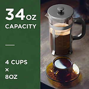 French Press Coffee Maker, 34 Ounce 1 Liter, Stainless Steel, Cold Brew Heat Resistant Borosilicate Glass Espresso Coffee & Tea Maker with 4 Filter