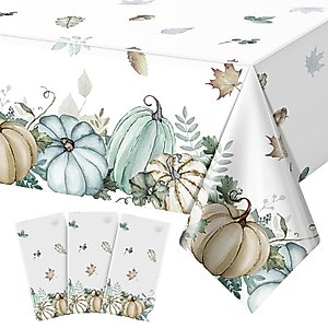 3 Pcs Fall Thanksgiving Pumpkin Tablecloth Decorations, Rustic Watercolor Autumn Pumpkins Vines Maple Eucalyptus Leaves Fall Harvest Table Cover for Autumn Thanksgiving Party Supplies, 54 x 108 Inch