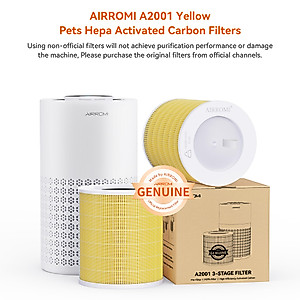 AIRROMI A2001 HEPA Air Purifier Replacement Filter: Original 3-in-1 Filter, Removes 99.97% of 0.3 Micron Particles, Yellow Activated Carbon Filter - Pets & Allergen Specific 1 Pack