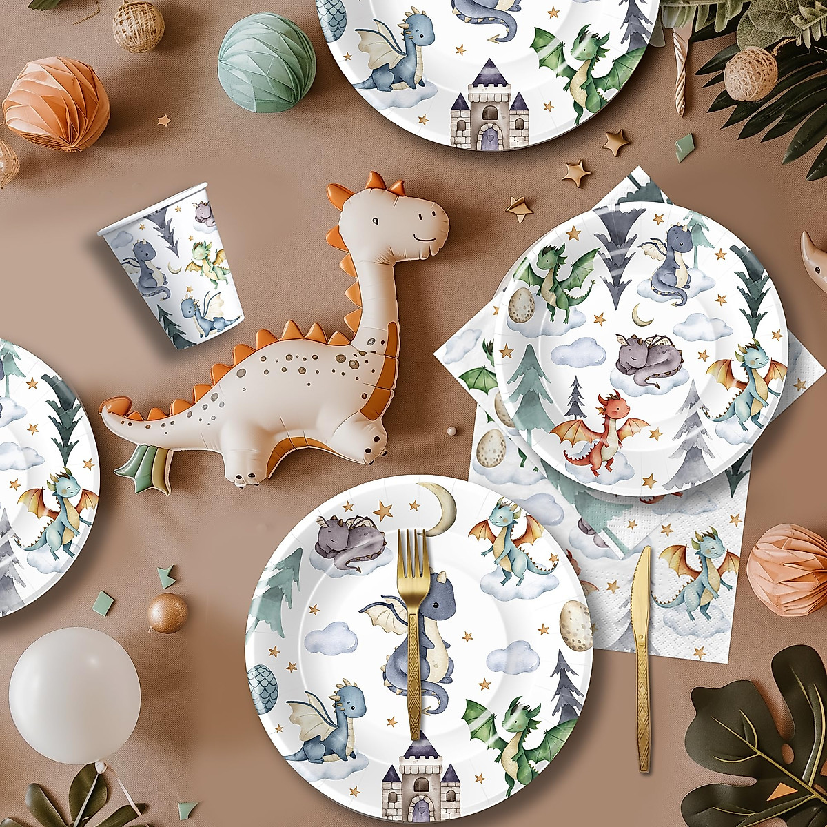 Suhelkit Dragon Birthday Party Supplies - Dragons Party Decorations Tableware, Paper Plate, Napkin, Cup, Cutlery, Magical Dragon Birthday Decorations, Dragon Baby Shower Table Decorations | 24 Guests