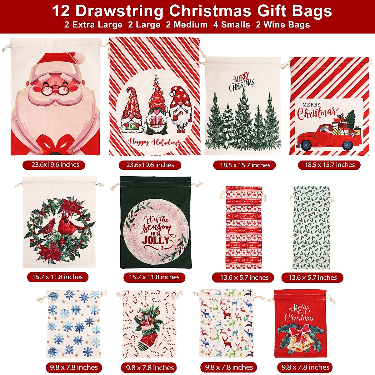 POPGIFTU Christmas Canvas Gift Bags with Drawstring, 12 PCs Christmas Santa Sack, Reusable Cotton Xmas Sack Cloth Bag for Xmas Package Storage, Christmas Party Supplies Favors