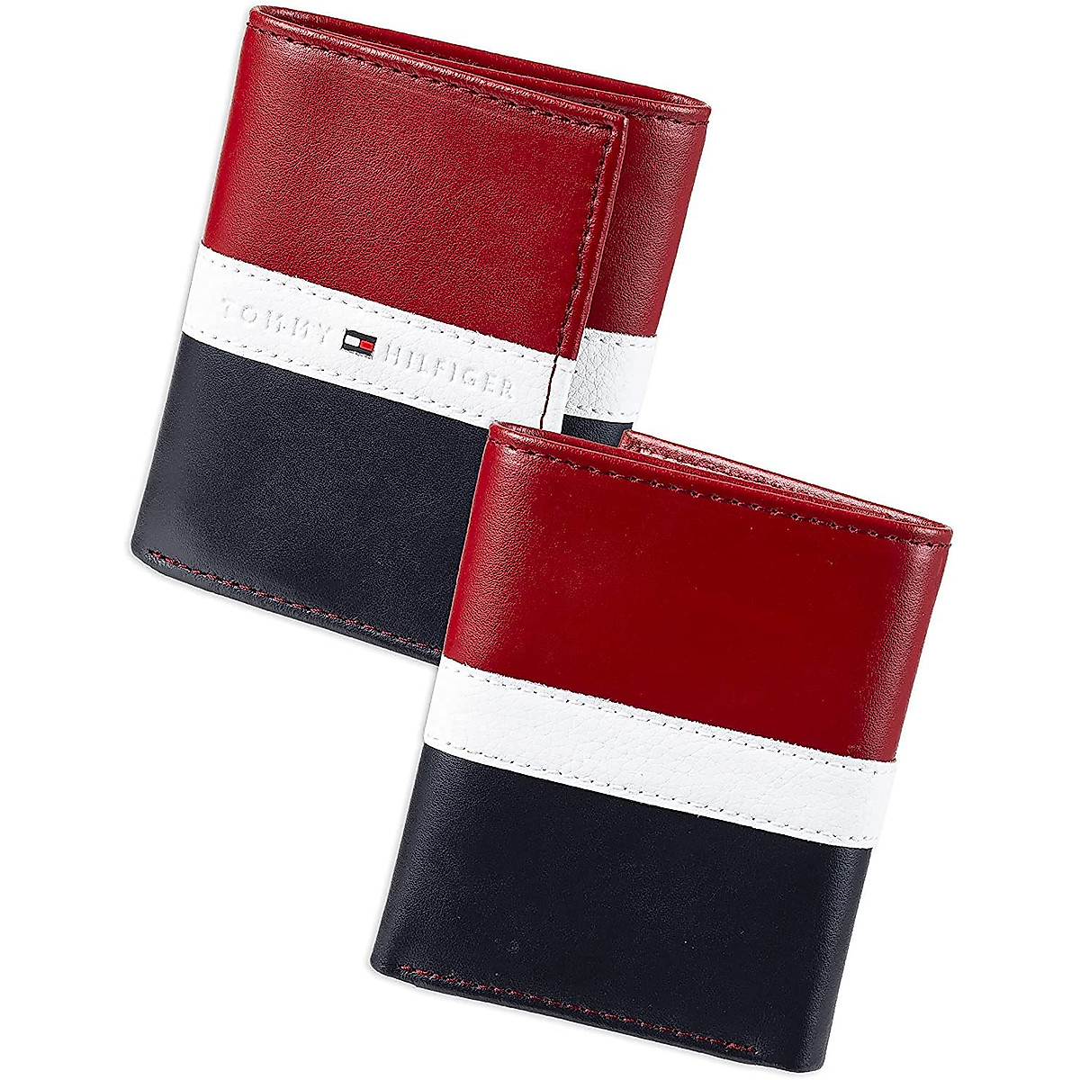 Tommy Hilfiger Big Skinny Wallet - Leather Wallets for Men Slim Thin Trifold with RFID Blocking Security and ID Window, Red/White/Blue, One Size