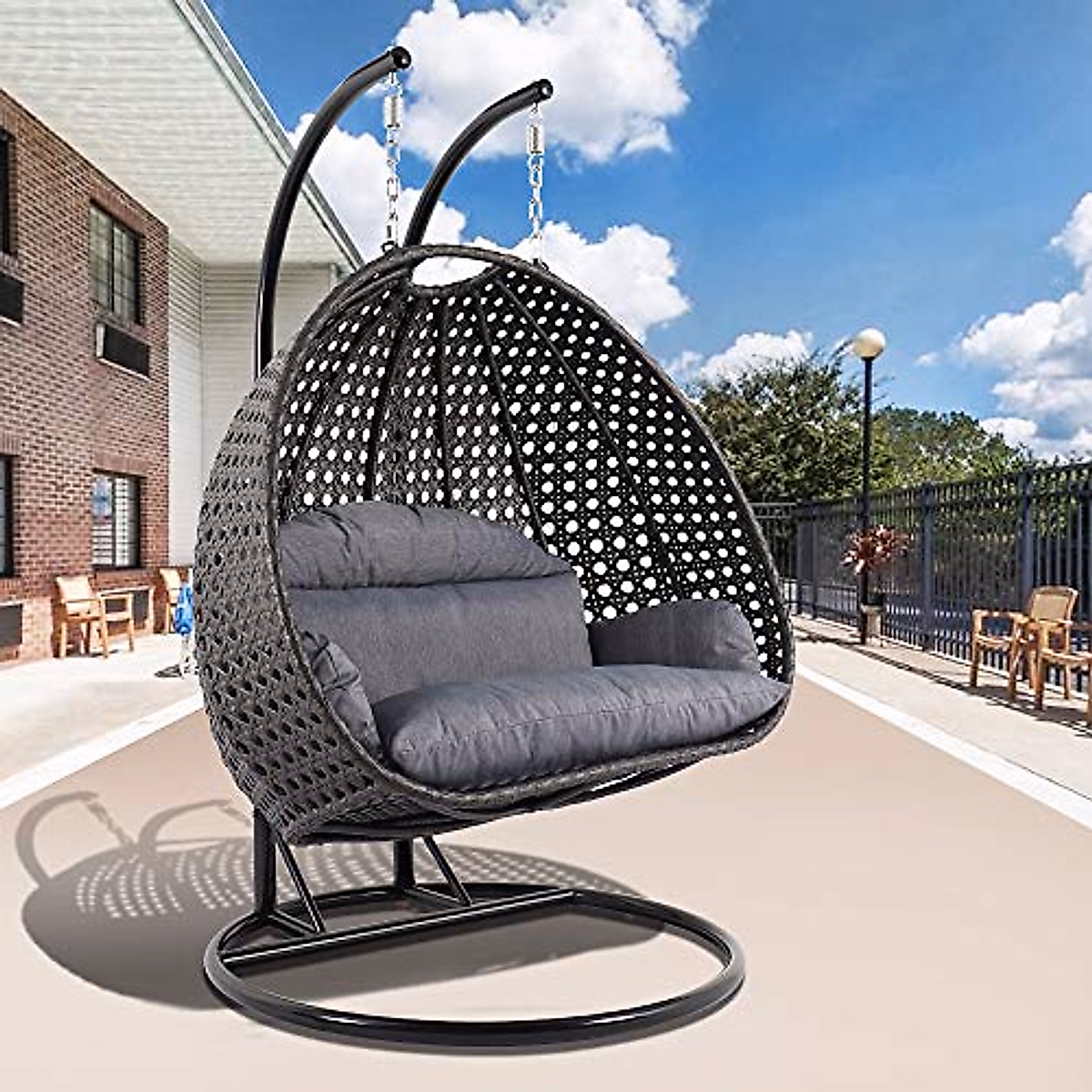 LeisureMod Wicker Hanging 2 Person Egg Swing Chair with Outdoor Cover (Charcoal)