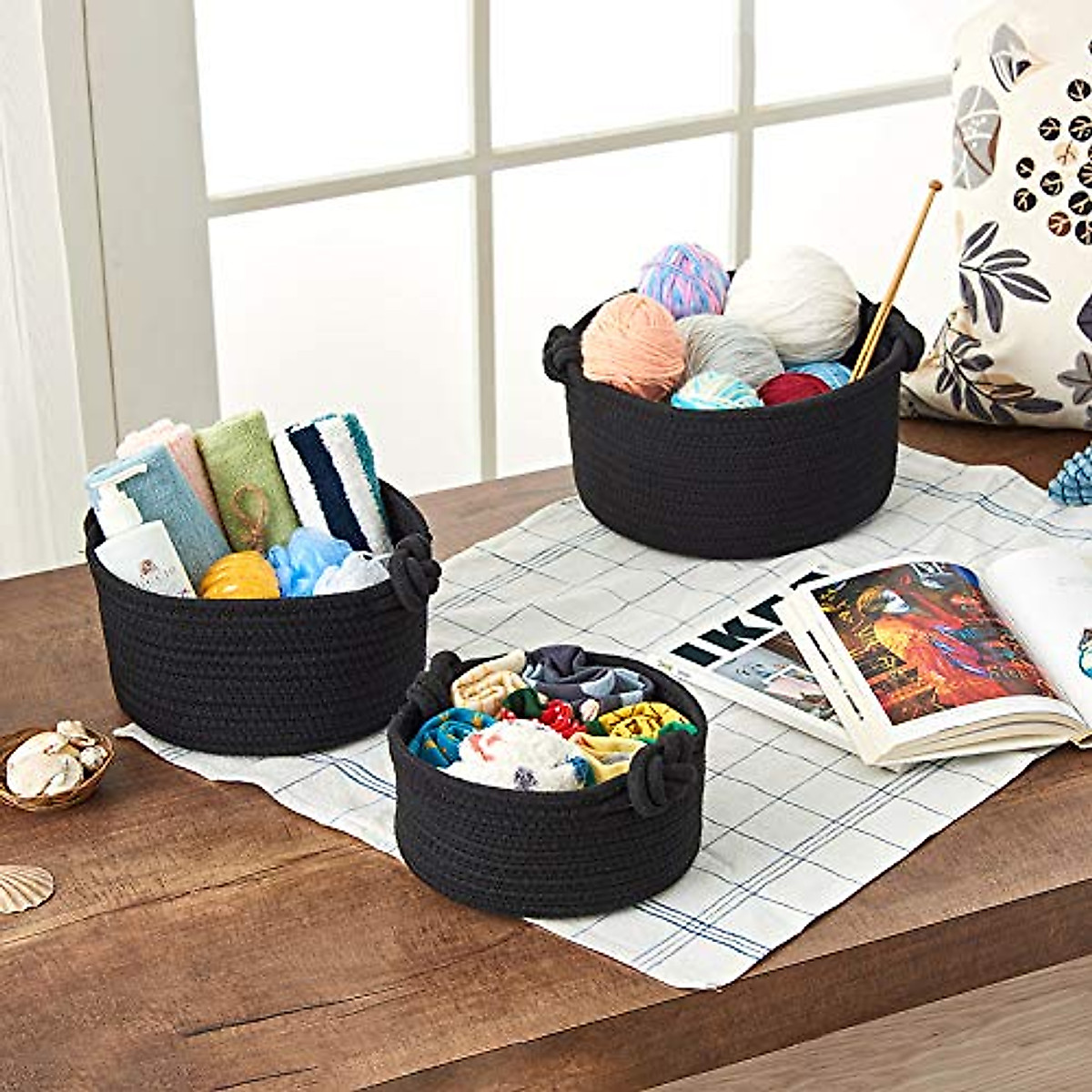 EZOWare Set of 3 Small Nursery Round Cotton Rope Knit Basket Cubes, Woven Storage Organizer Bins for Changing Table, Kids Baby Closets, Room Decor, Dog Cat Toys, Towels, Gift Baskets Empty - Black