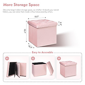 B FSOBEIIALEO Storage Ottoman Cube, Velvet Tufted Folding Ottomans with Lid, Footstool Rest Padded Seat for Bedroom (Pink, Medium)