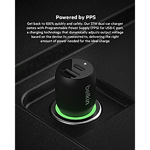Belkin 37 Watt Dual USB Car Charger - Power Delivery 25W USB C Port & 12W USB A Port for PPS Charging Apple iPhone 14, 14 Pro, 14 Pro Max, iPhone 13, Samsung Galaxy, AirPods & More