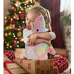 DolliBu Santa Large Rainbow Shark Stuffed Animal Plush Toy - Wild Animal Dress Up with Red Santa Claus Hat, Cute Wildlife Gift, Perfect Holiday with Name Personalization - 23 Inches