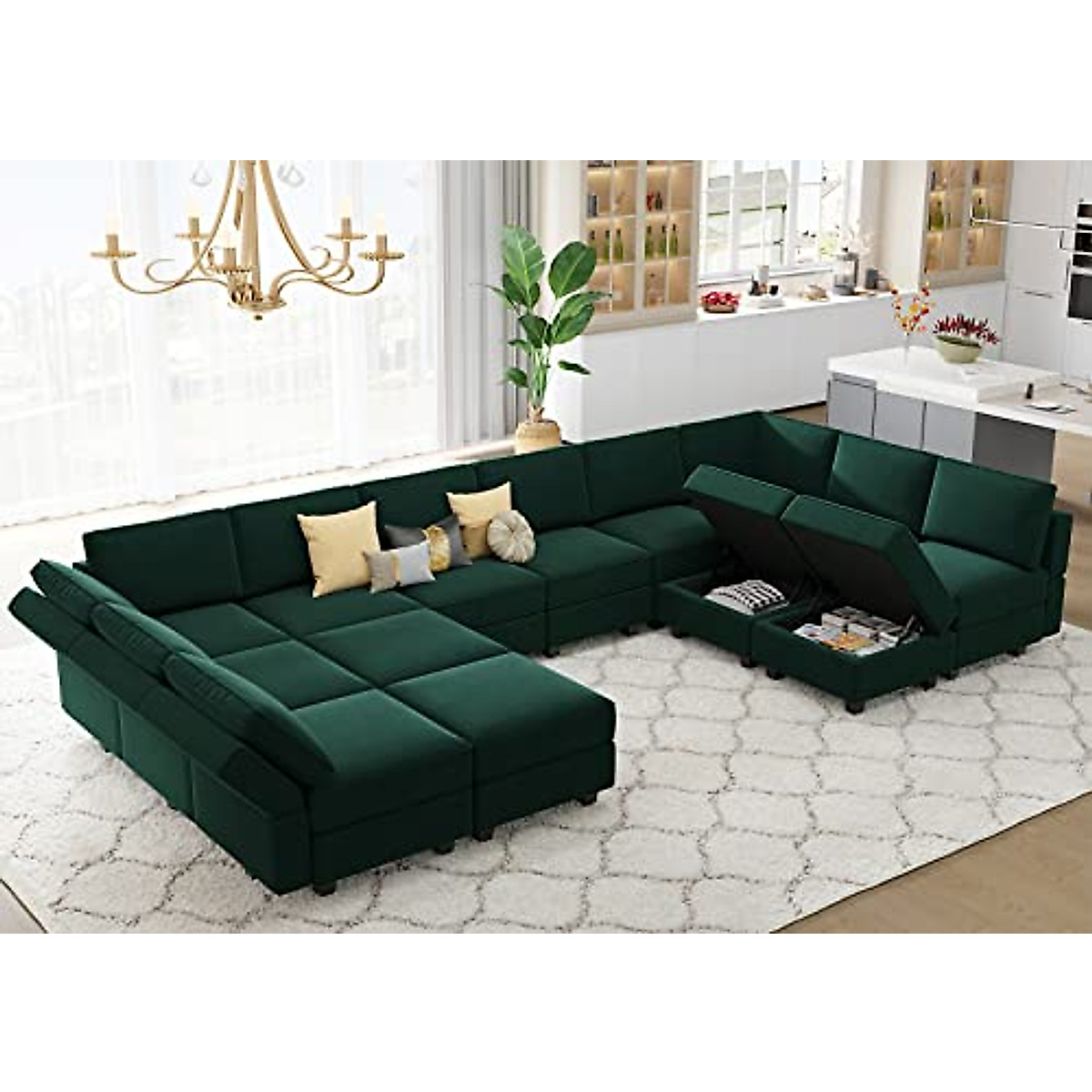 Belffin Oversized Modular sectional Sofa with Double Chaises U Shaped Sectional Sleeper Sofa Couch Reversible Sectional Sofa with Storage Velvet Green