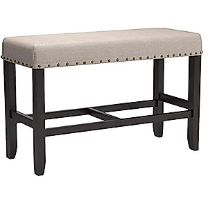 Roundhill Furniture Biony Fabric Counter Height Dining Bench with Nailhead Trim, Tan
