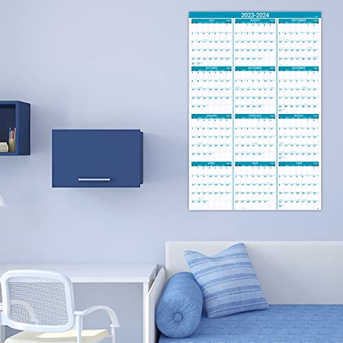Wall Calendar with Julian Date, July 2023 - June 2024 Yearly, One Page for Organizing, Premium Thick Paper, Vertical, Gift Pocket, 34.8" x 22.8" (Open)