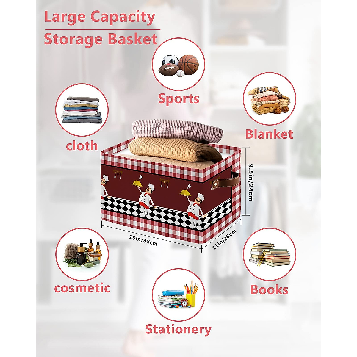 Fat Chef Cube Storage Organizer Bins with Handles, 15x11x9.5 Inch Collapsible Canvas Cloth Fabric Storage Basket, Buffalo Plaid Checked Flag Accessories Books Bin Boxes for Shelves, Closet