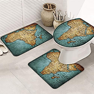 3 Piece Bath Rugs Non-Slip Mat Set Vintage Brown and Green Africa Map Absorbent Carpet Mats Durable Contour Mat and Toilet Seat Cover for Tub Toilet Shower Bathroom