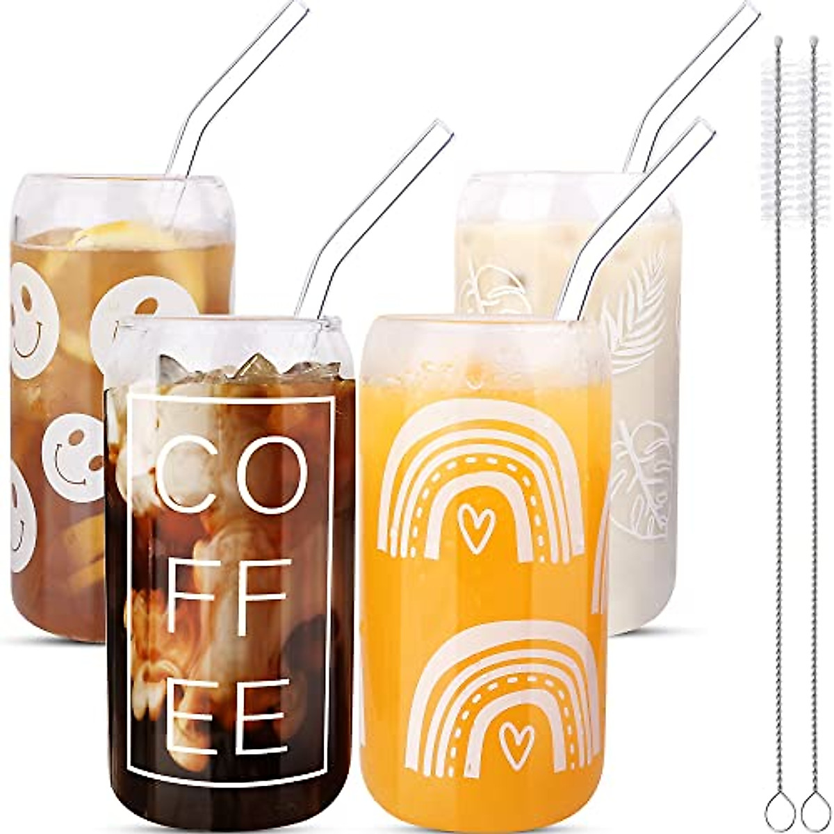KAUND 4 PCS Ice Coffee Cup with Glass Straw,16oz Sublimation Boho Printed Beer Can Glasses,Ideal for Cocktails,Whiskey,Beer,Soda and Gifts - 2 Cleaning Brushes