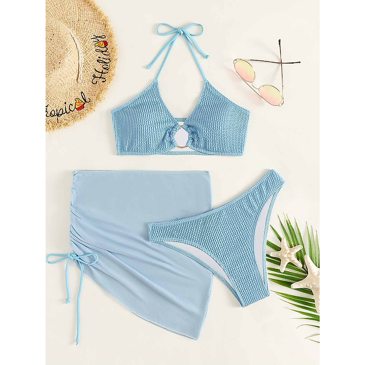 MakeMeChic Women's 3 Piece Bathing Suits Halter Ring Bikini Set with Cover Up Skirt Light Blue S