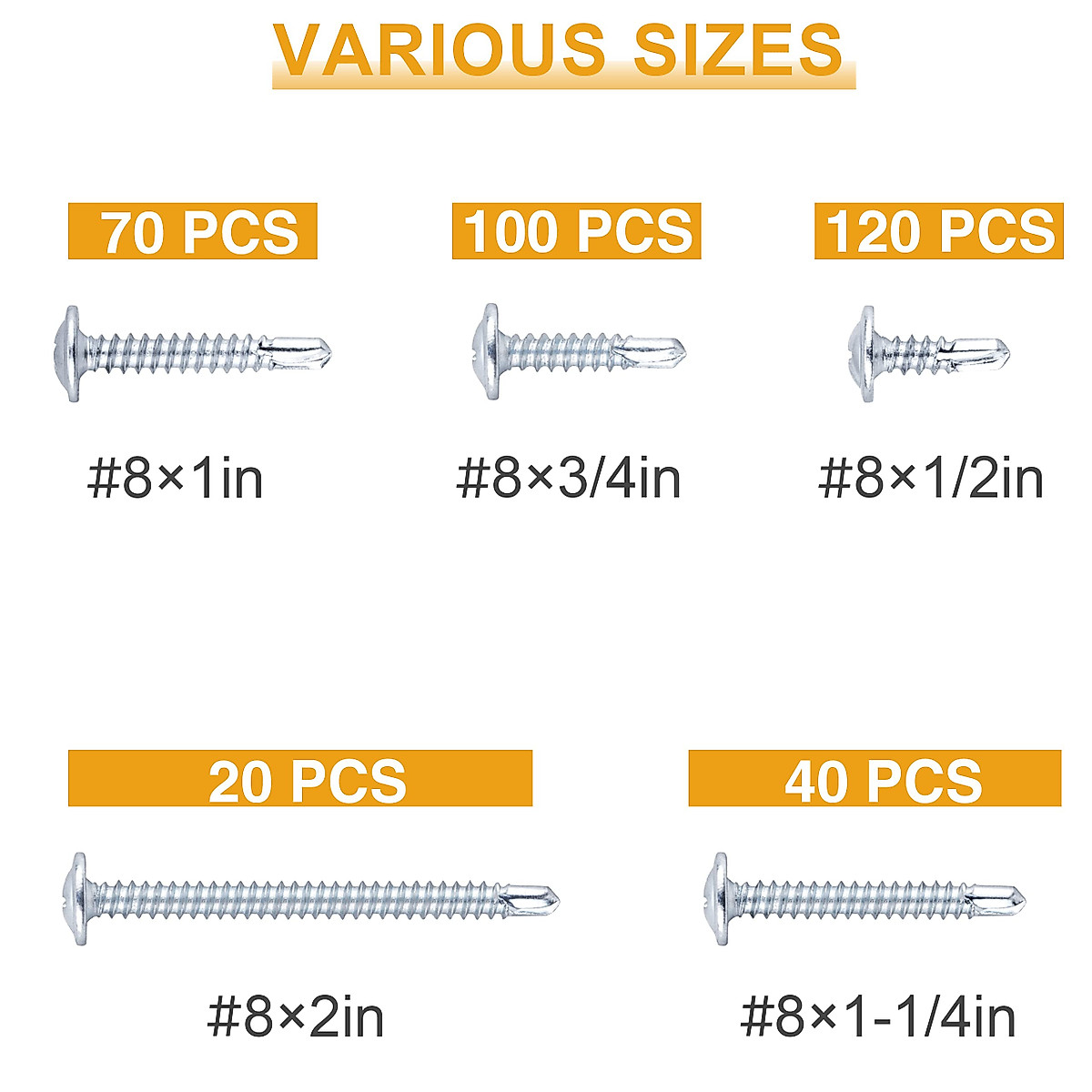 KURUI Self Tapping Screws for Metal Assortment Kit, 350PCs #8 Galvanized Phillips Sheet Metal Screws, Carbon Steel Truss Head Self Drilling Screws for Metal in 5 Sizes (1/2, 3/4, 1-1/4, 1in, 2in)
