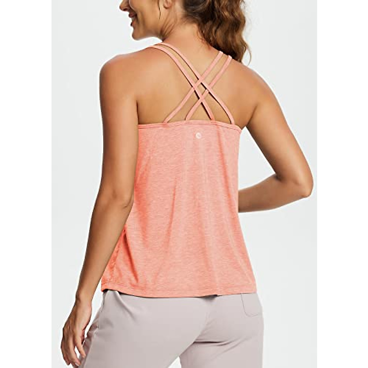 BALEAF Women's Workout Tank Tops with Built in Bras Flowy Loose Fit Summer Yoga Exercise Tops Heather Coral L